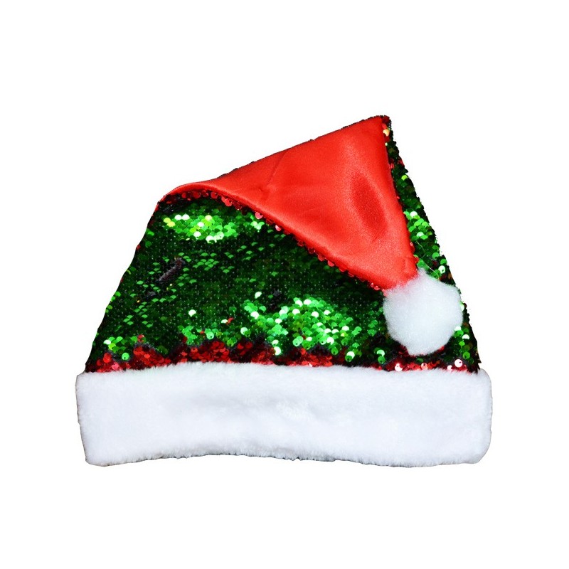 Caciula Mos Craciun, paiete reversibile rosii si verzi, material textil ...